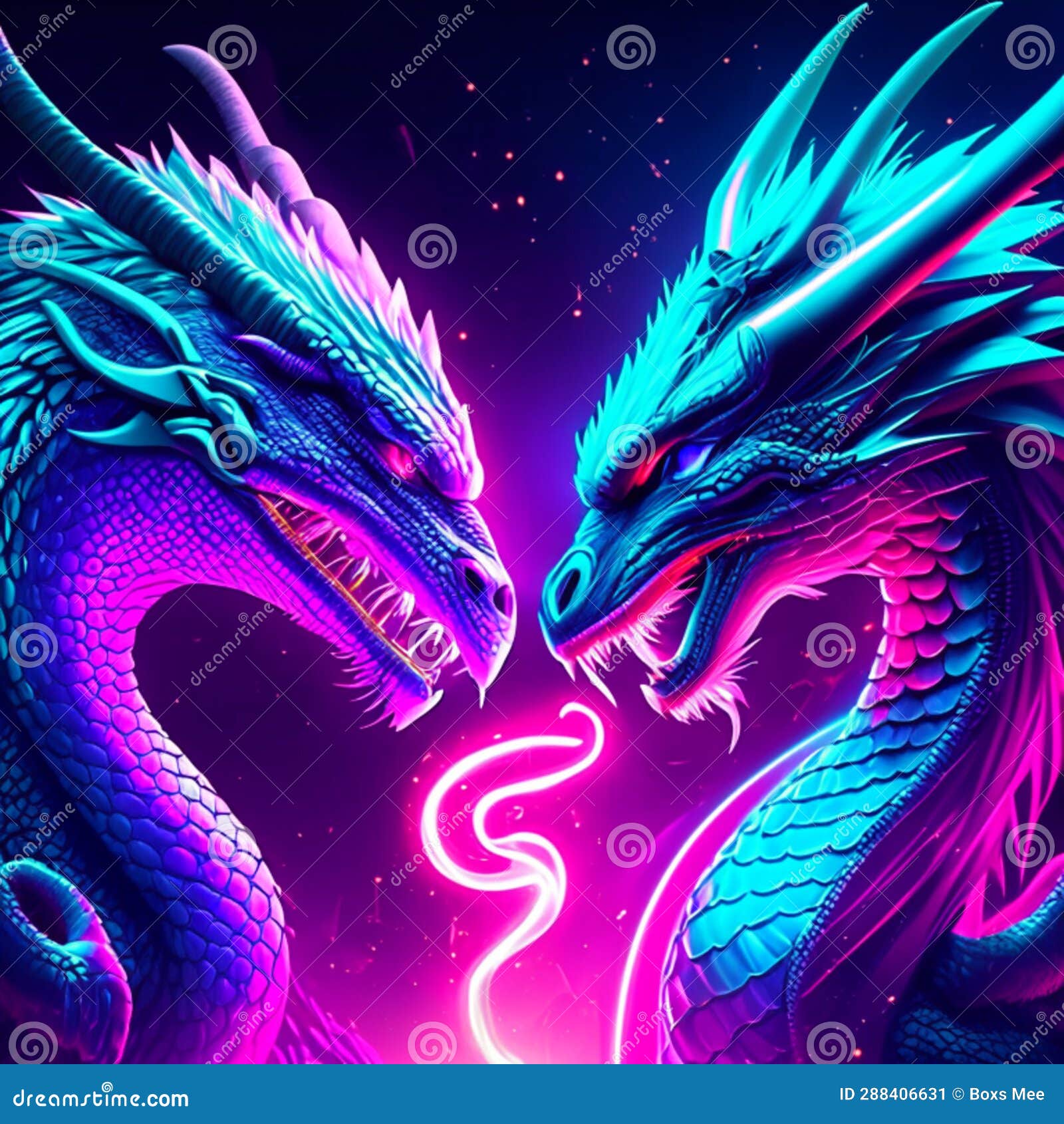 Two Dragons in Neon Light. 3d Rendering, 3d Illustration Stock ...
