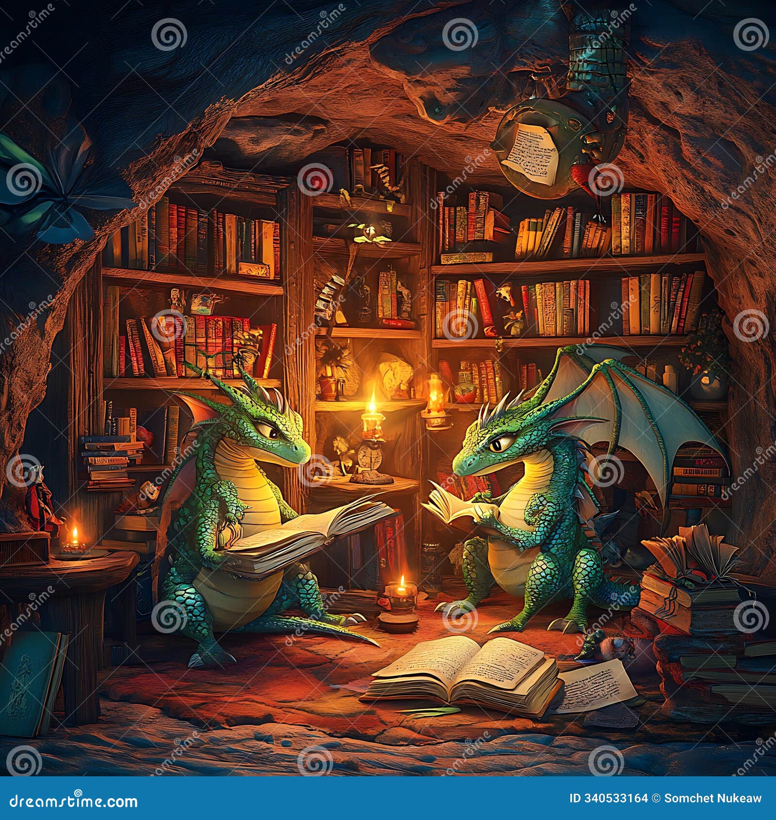 Two Dragons Reading Books in a Cozy Cave Library Stock Illustration ...