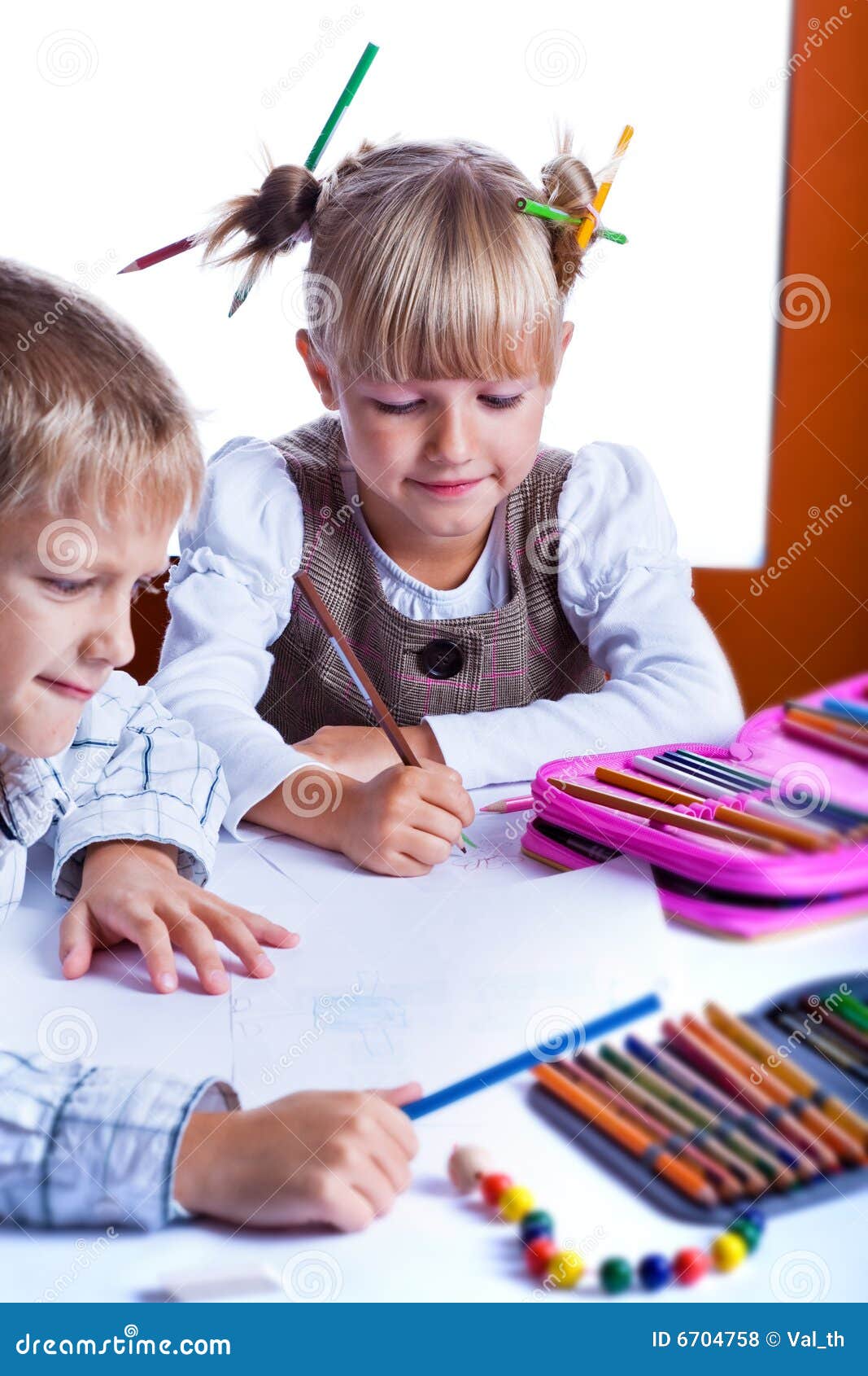 Two drawing kids stock photo. Image of building, schoolgirl - 6704758