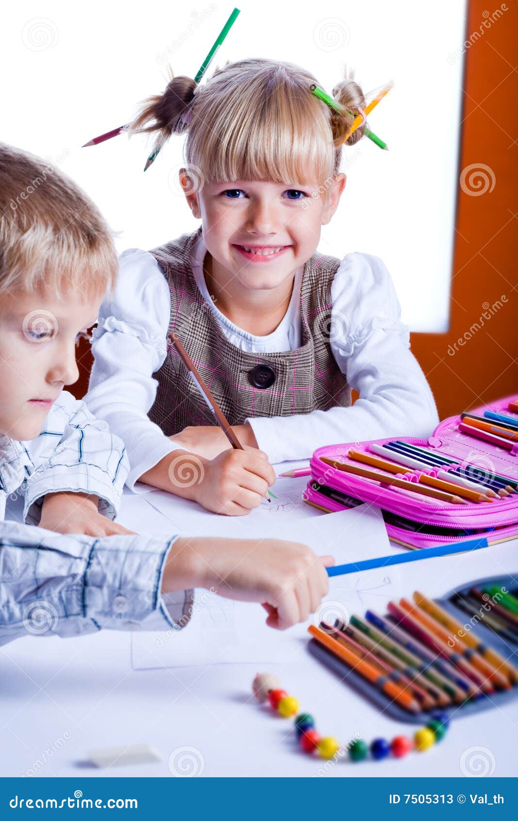 Two drawing kids stock image. Image of school, child, childhood - 7505313