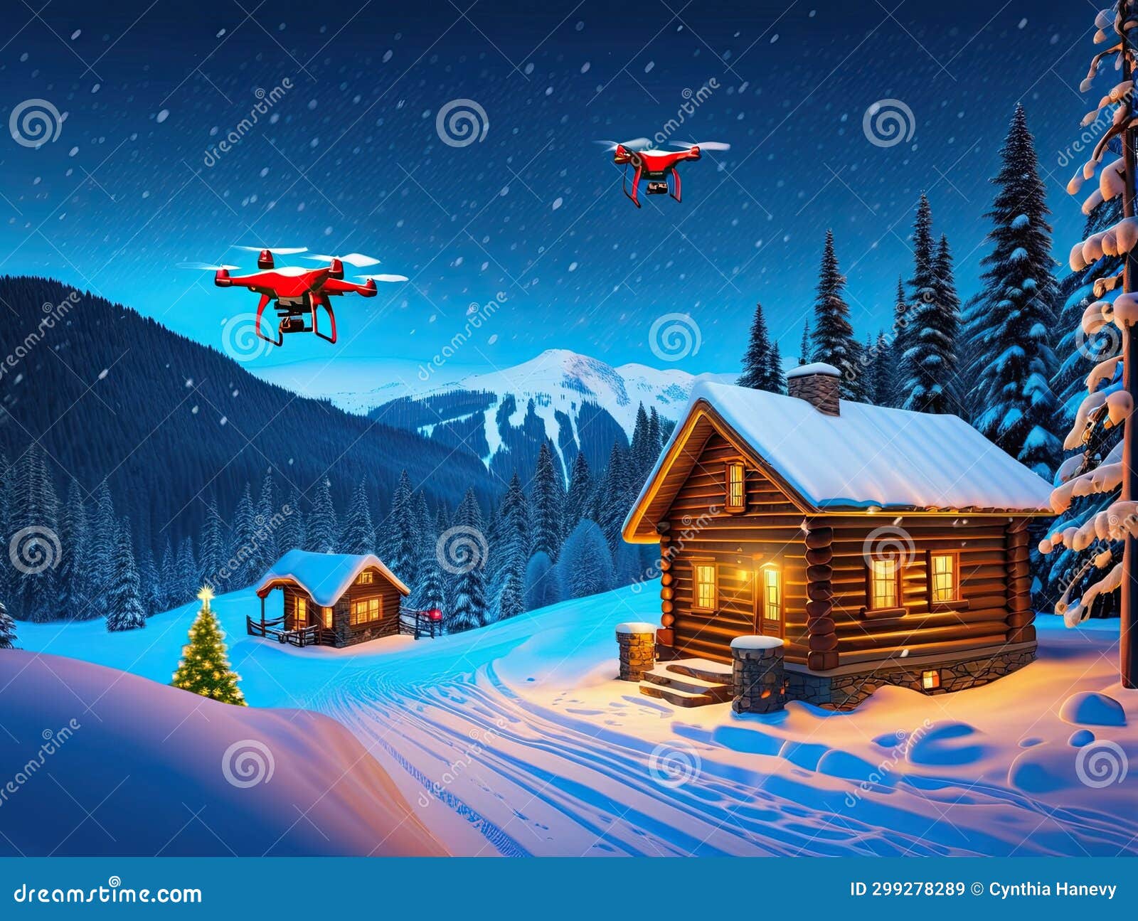 Two Drones Fly Over Two Log Cabins Stock Illustration - Illustration of ...