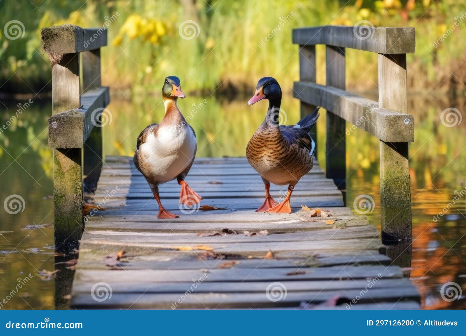 Two Ducks Walking on a Wooden Bridge Over a Pond Stock Photo - Image of ...