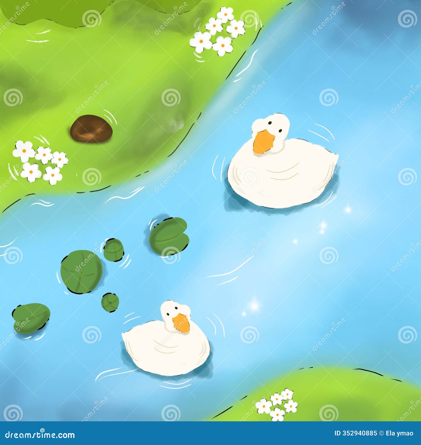 Two Ducks on Water so Cute, Digital Illustration Art Drawing Stock ...