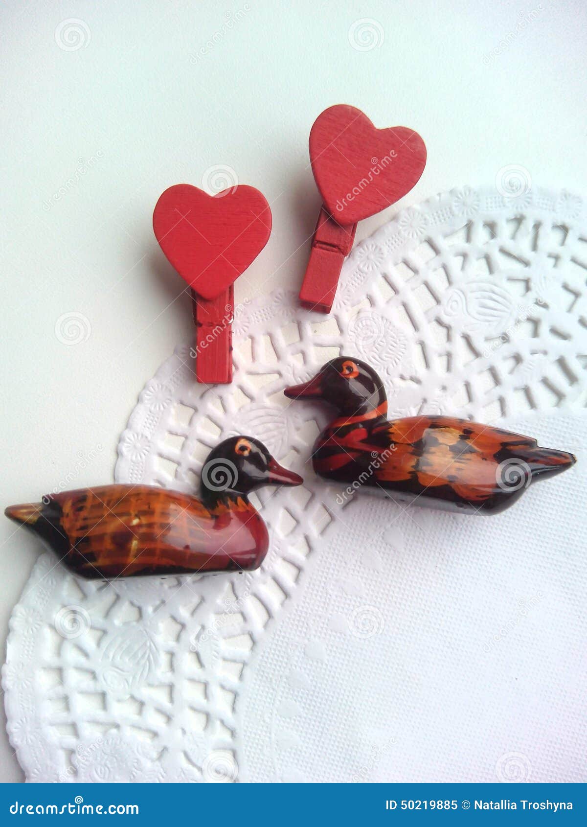 Two Ducks of Wooden and Red Hearts Stock Image - Image of valentine ...