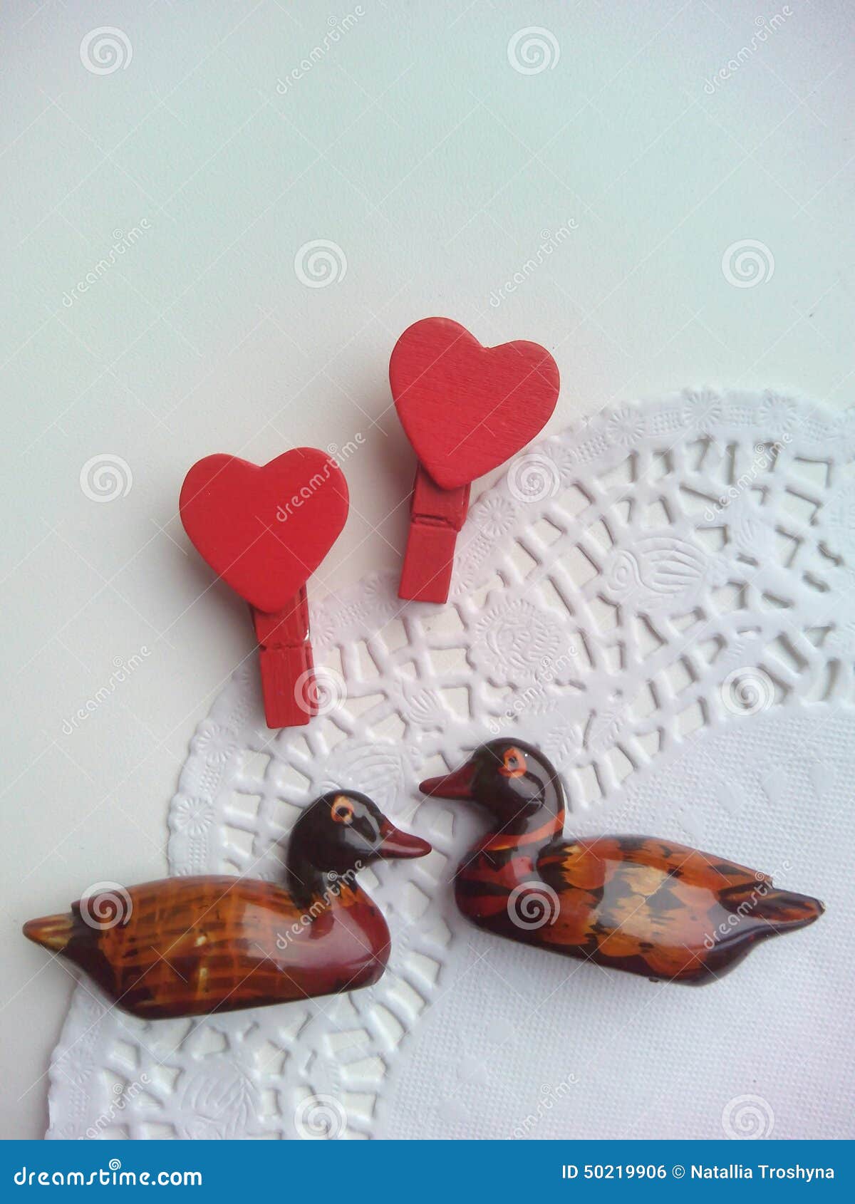 Two Ducks of Wooden and Red Hearts Stock Photo - Image of beautiful ...