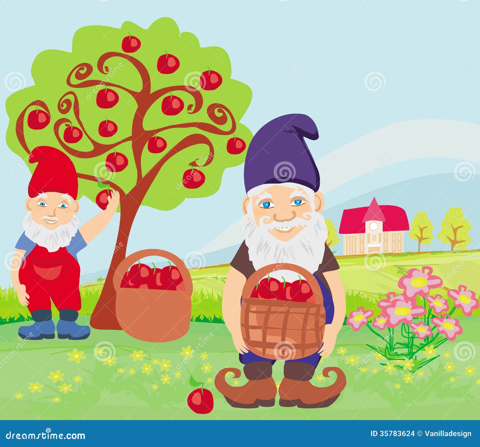 Two dwarfs and apple tree stock vector. Illustration of cloud - 35783624