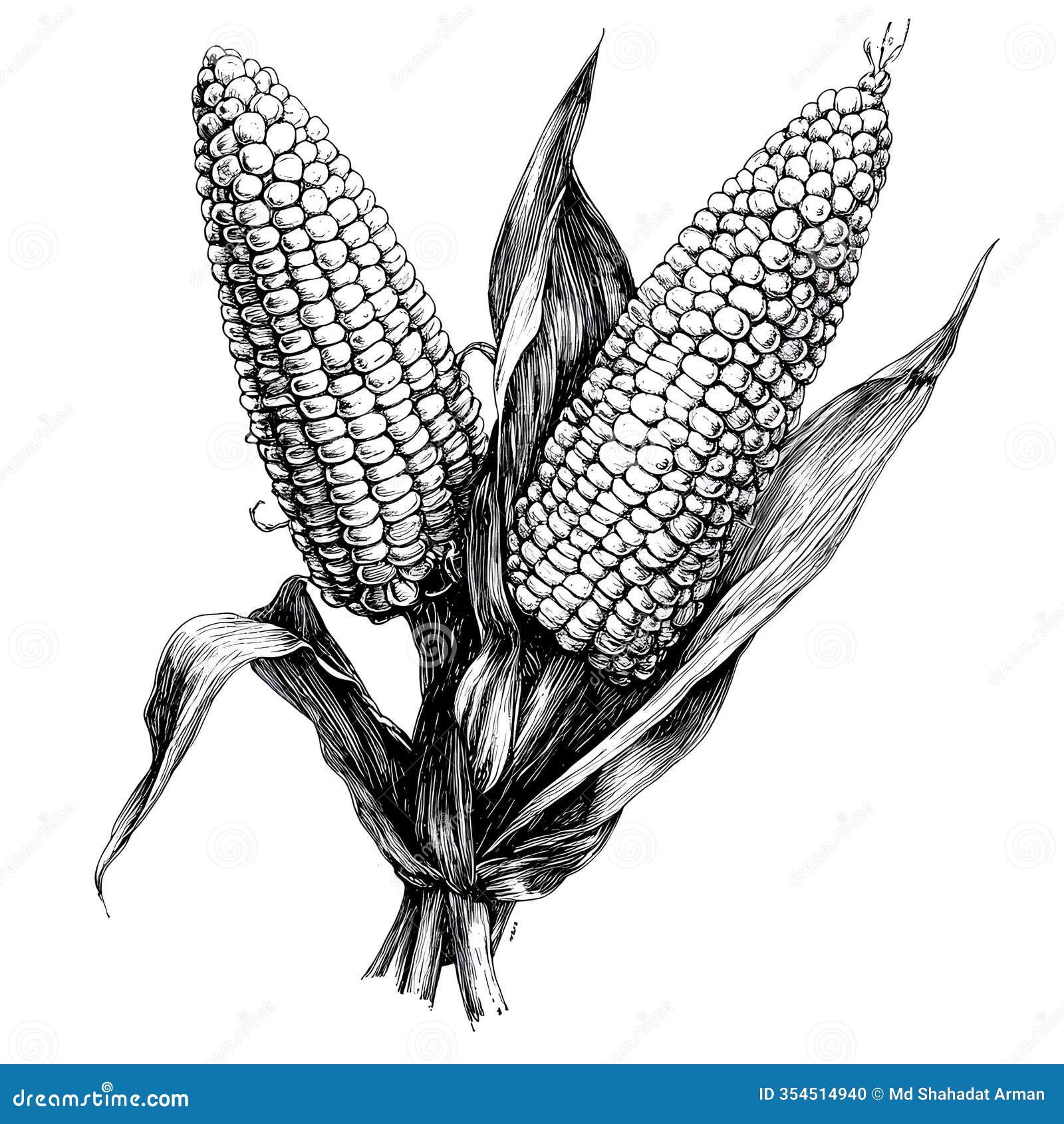 Two Ears of Corn, Detailed Ink Drawing Ink Sketch Stock Illustration ...