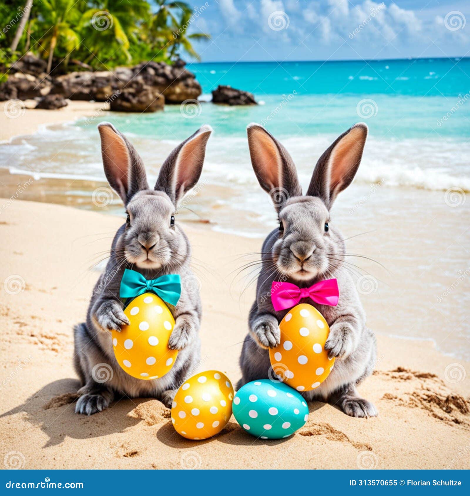 Two Easter Bunnies with Easter Eggs on the Tropical Beach. Easter ...