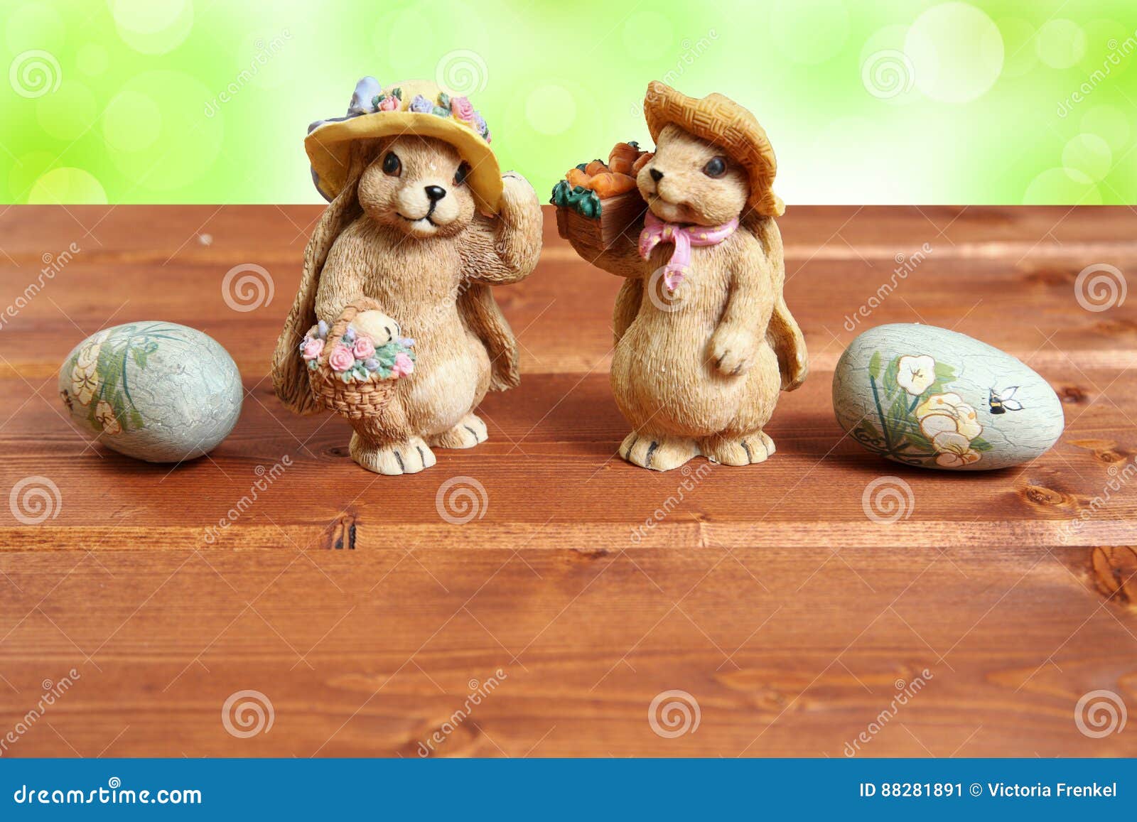 Two Easter Bunny on Wood Background with Decorative Eggs Stock Image ...