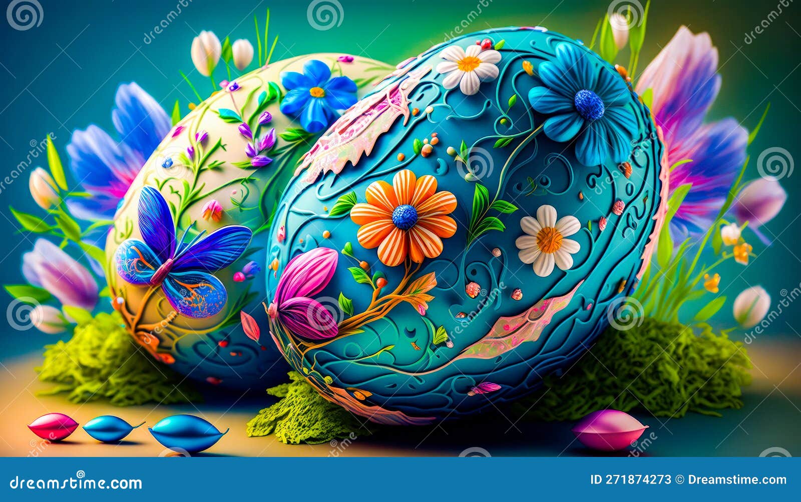 Two Easter Eggs Decorated with Flowers and Butterflies. Generative AI ...