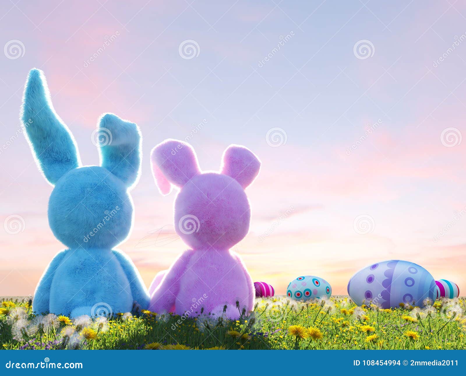 Two Easter Rabbits Sitting in Lawn with Easter Eggs. 3d Rendering Stock ...