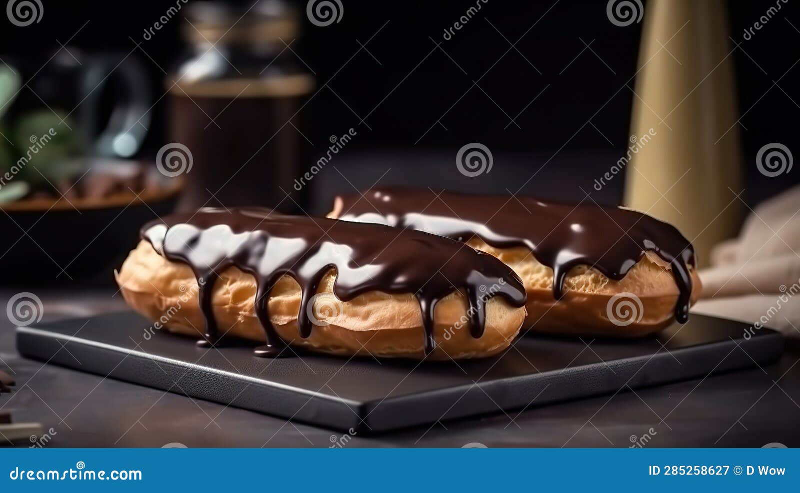 Two Eclairs with Chocolate Icing and White Chocolate on the Table Close ...