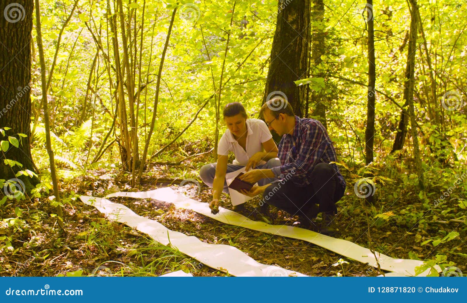 Two Ecologist Getting Samples of Soil in the Forest Stock Photo - Image ...