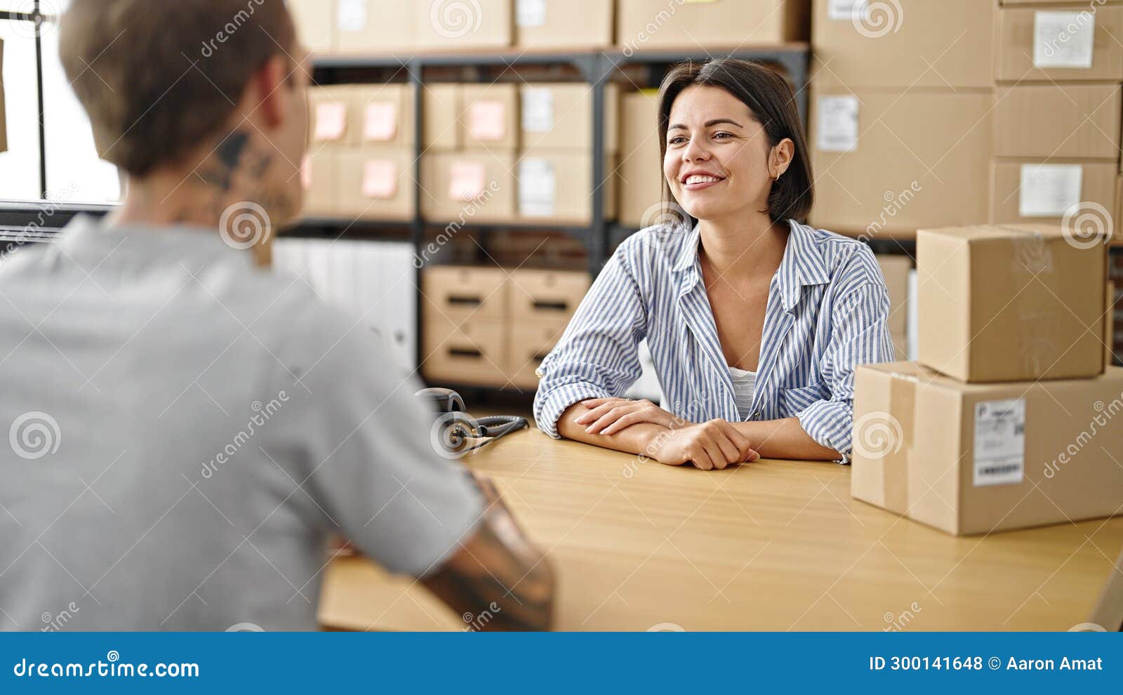 Two Ecommerce Business Worker and Client Speaking at Office Stock Photo ...