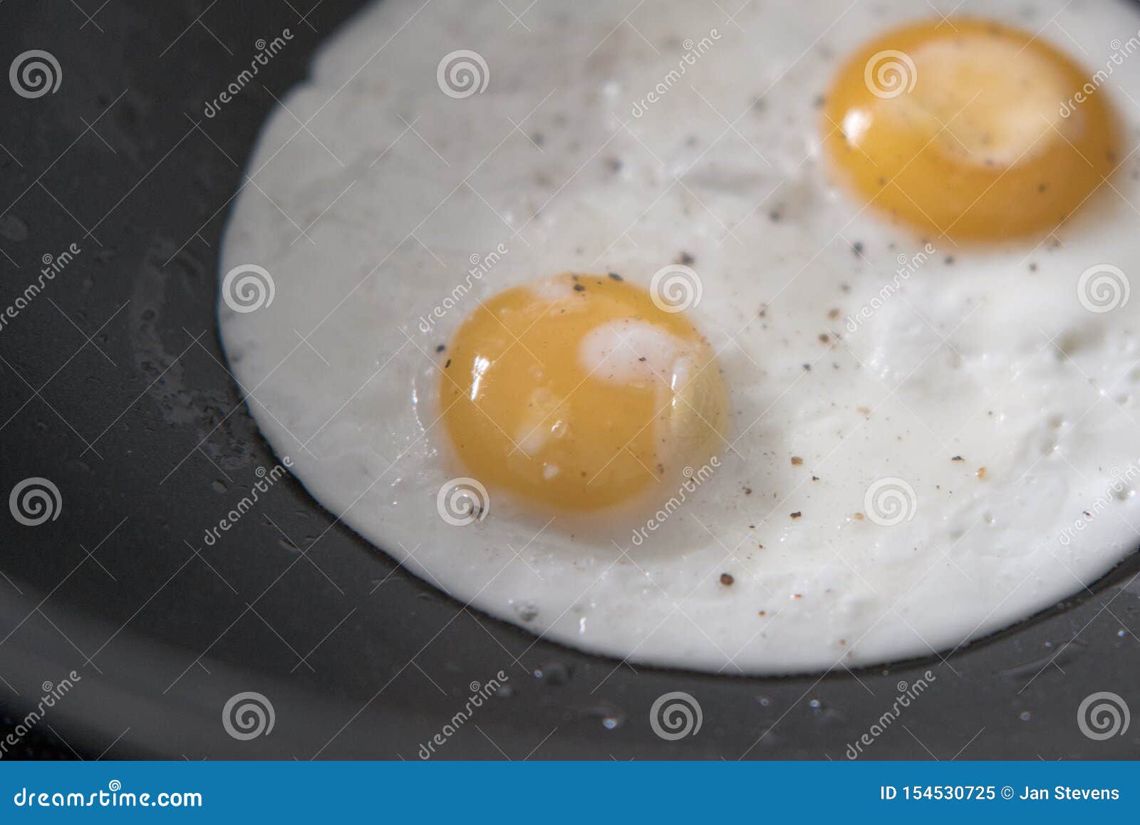 Two Eggs Frying in a Pan Sunny Side Up Stock Image - Image of house ...