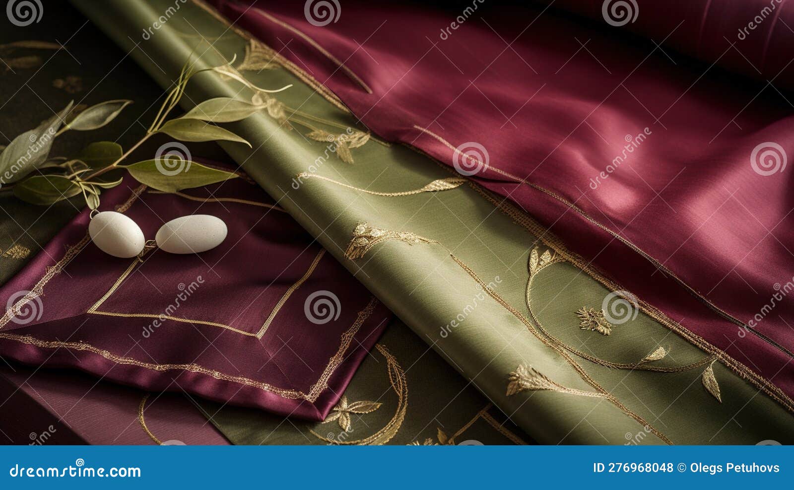 Two Eggs are Sitting on a Purple and Green Silk Table Cloth Stock ...