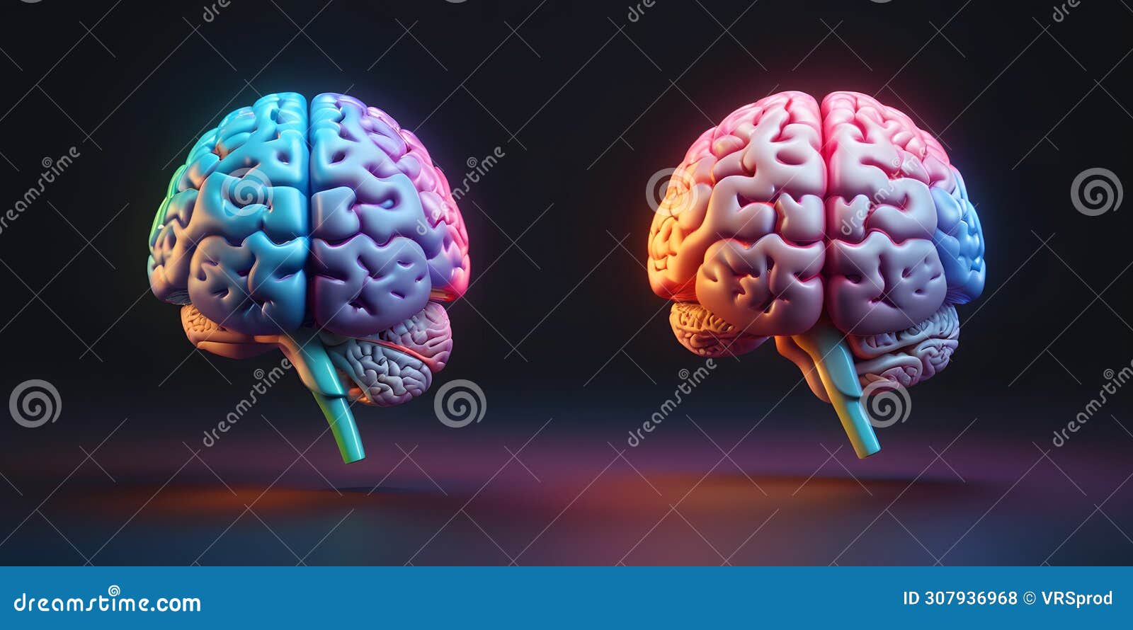 Two Electric Blue Brains Stand in Symmetry on a Dark Background Stock ...