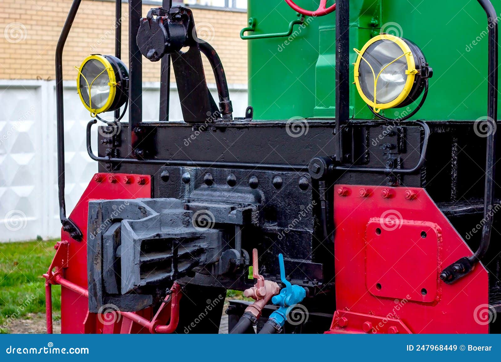 Two Electric Headlights on a Retro Train Front on the Rail Platform ...
