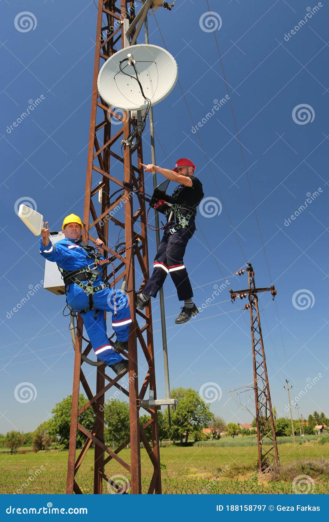 Two Electricians Install 4G Telecommunications Antenna System Stock ...