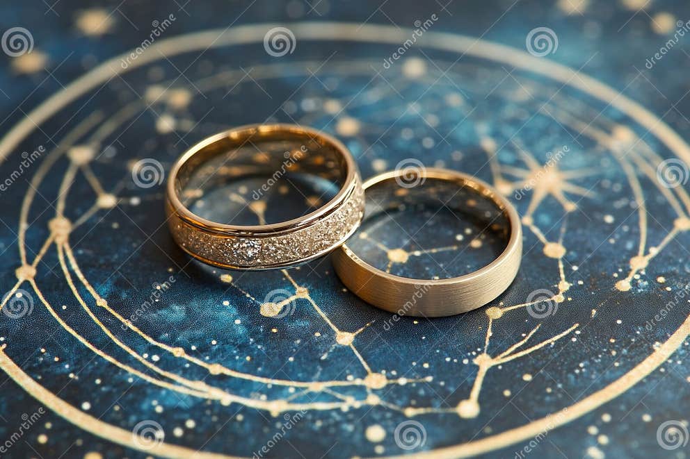 Two Elegant Wedding Rings on Celestial-themed Background with ...
