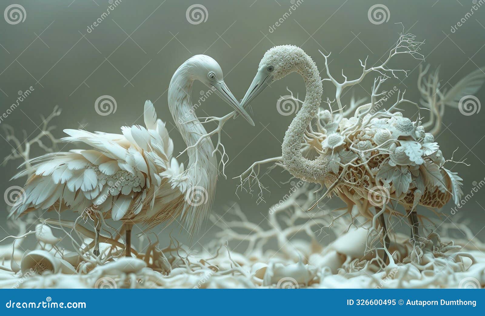 Two Elegant White Birds Face Each Other in a Surreal Dreamscape Stock ...