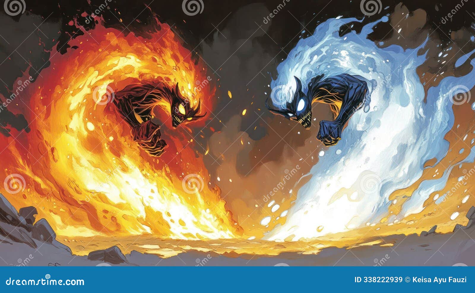 Two Elemental Beings, One of Fire and One of Water, Clash in a Dynamic ...