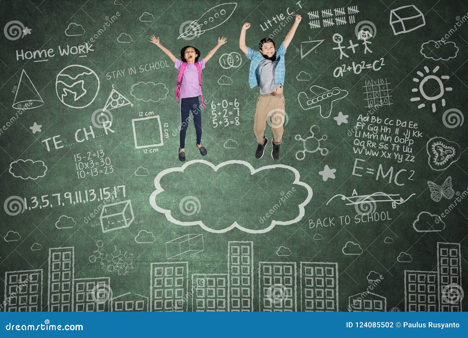 Two Elementary Happy Students Jumping Together Stock Photo - Image of ...