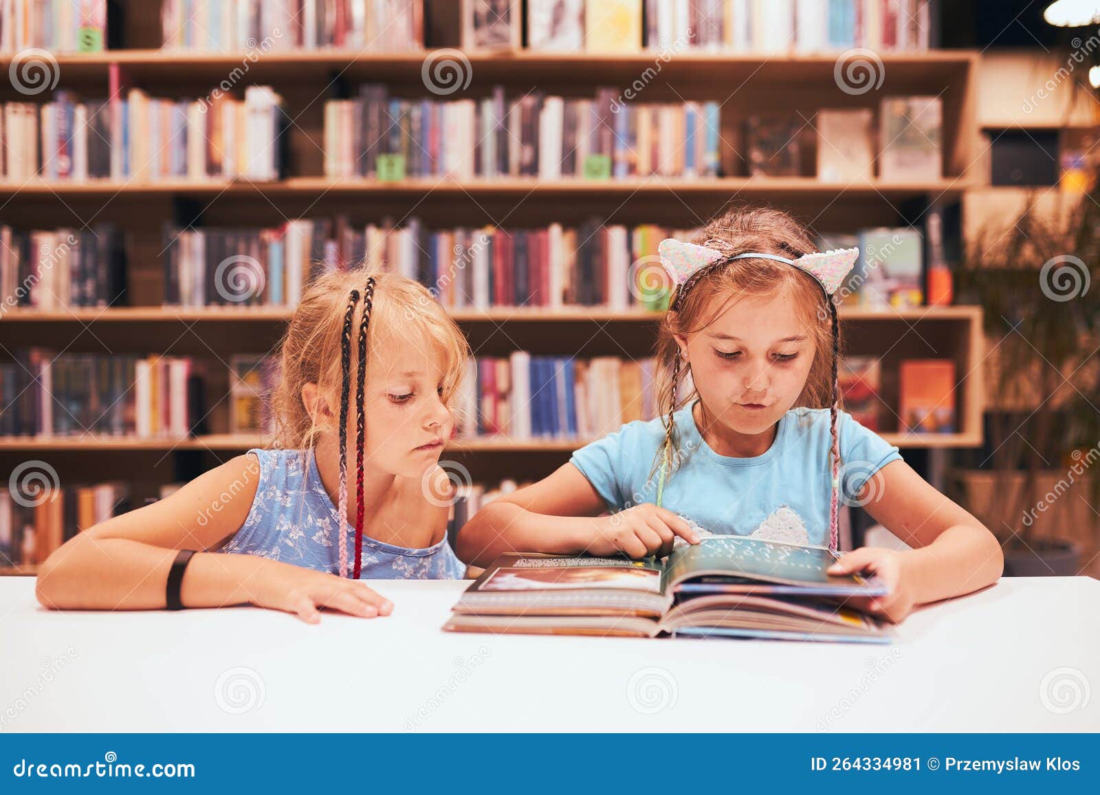 Two Elementary Schoolgirls Doing Homework in School Library. Students ...