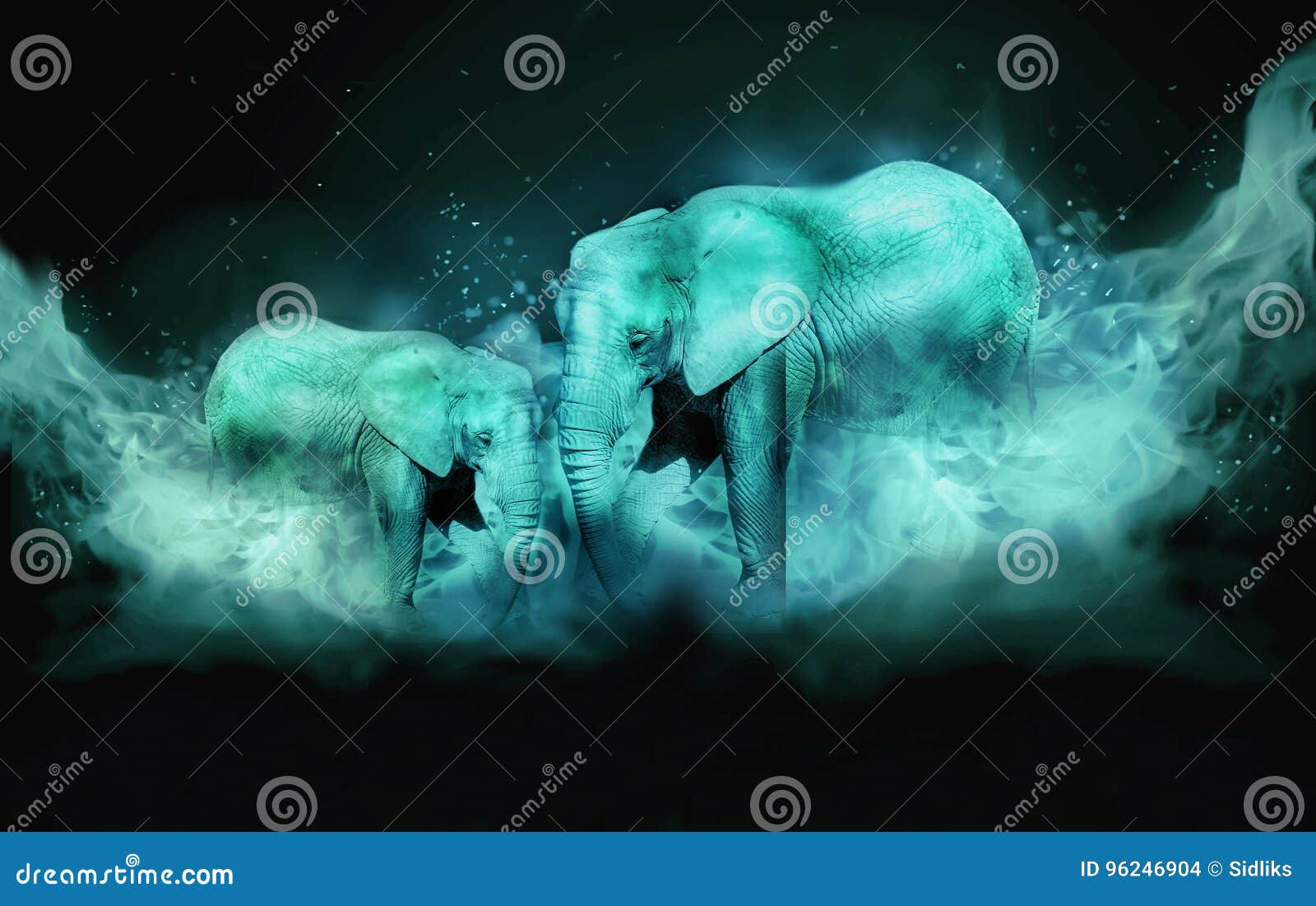 Two elephants in blue fog stock photo. Image of misty - 96246904