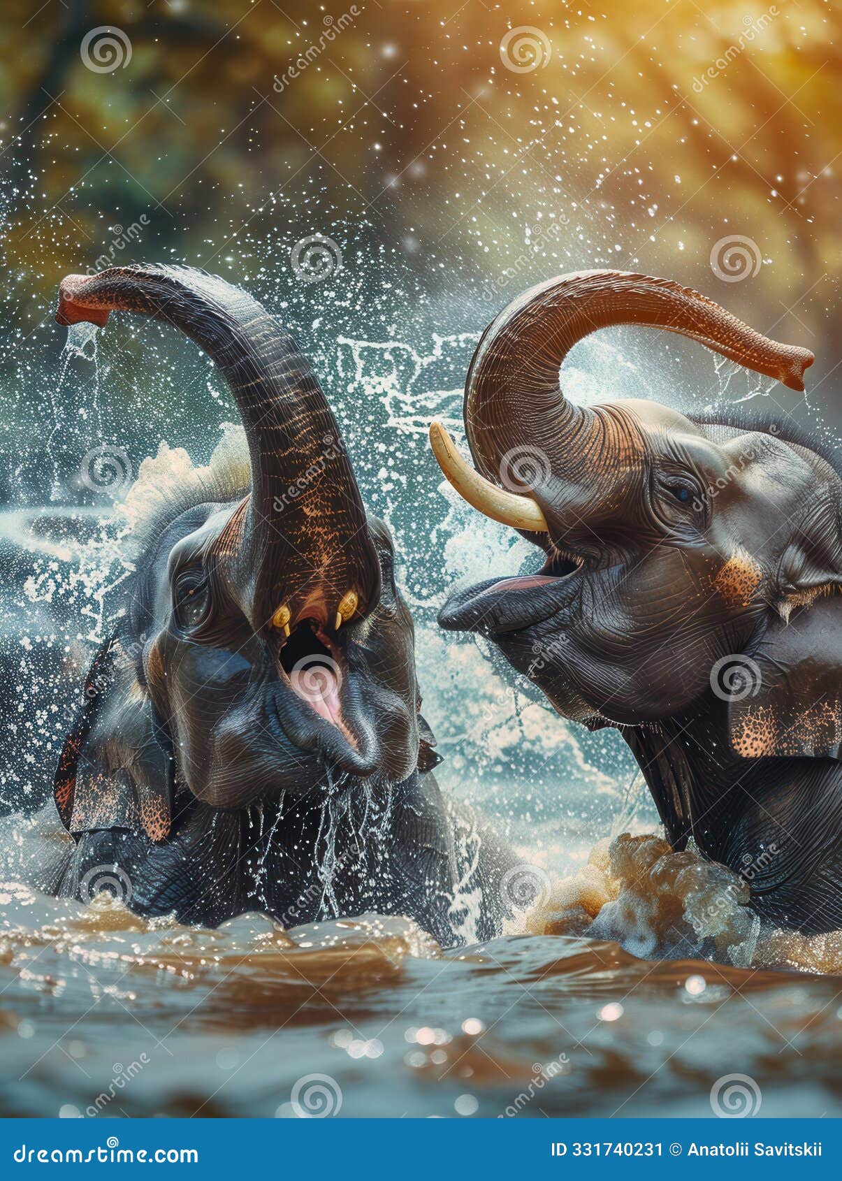 Two Elephants are Joyfully Splashing Water at Each Other while Bathing ...