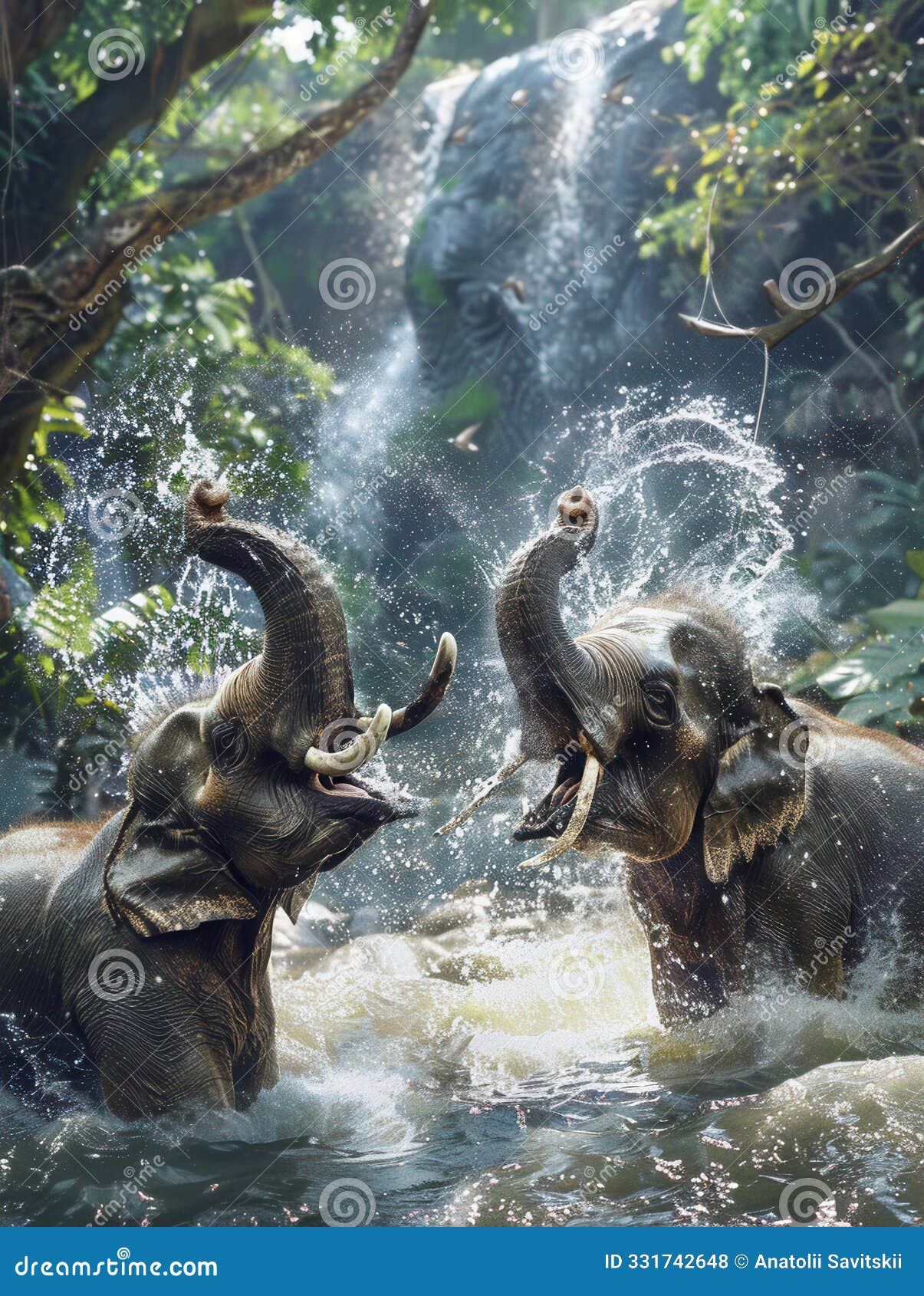 Two Elephants Splash Water Joyfully while Playing in a Jungle Stream ...