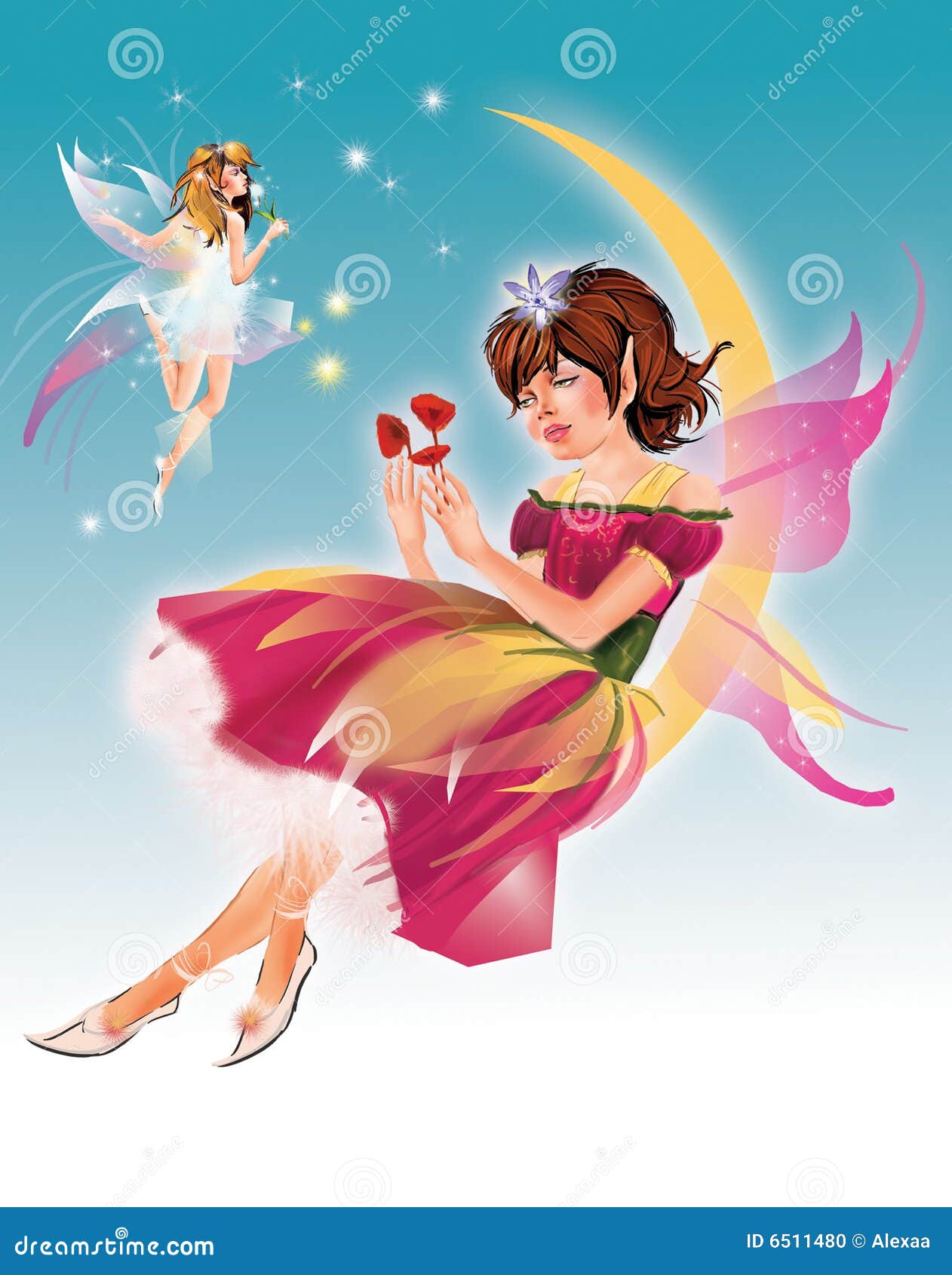 Two elf -girls on the sky stock illustration. Illustration of fairytale ...