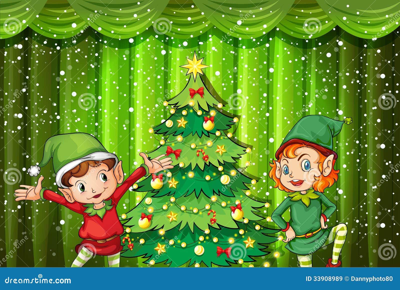 Two Elves Near the Christmas Tree Stock Vector - Illustration of ...