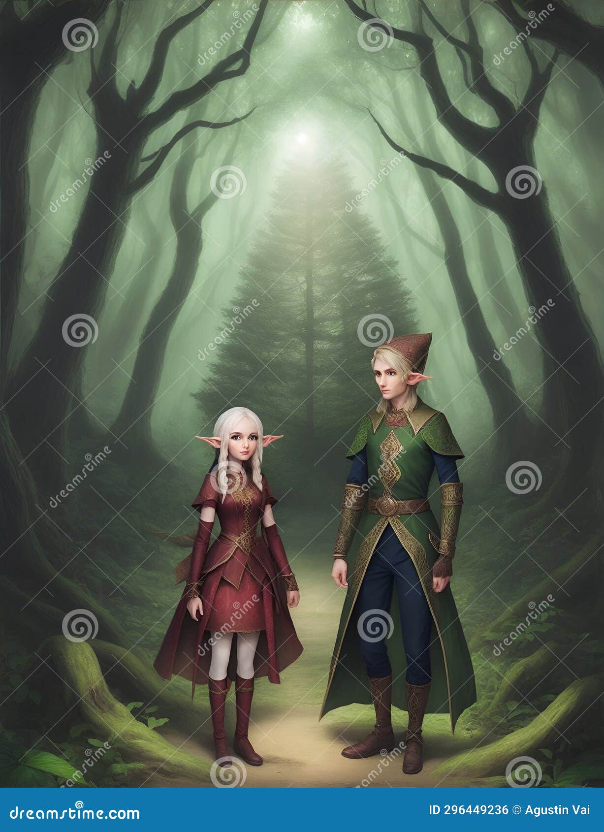 Elves Standing in a Path of a Forest with Trees and a Pine Stock ...