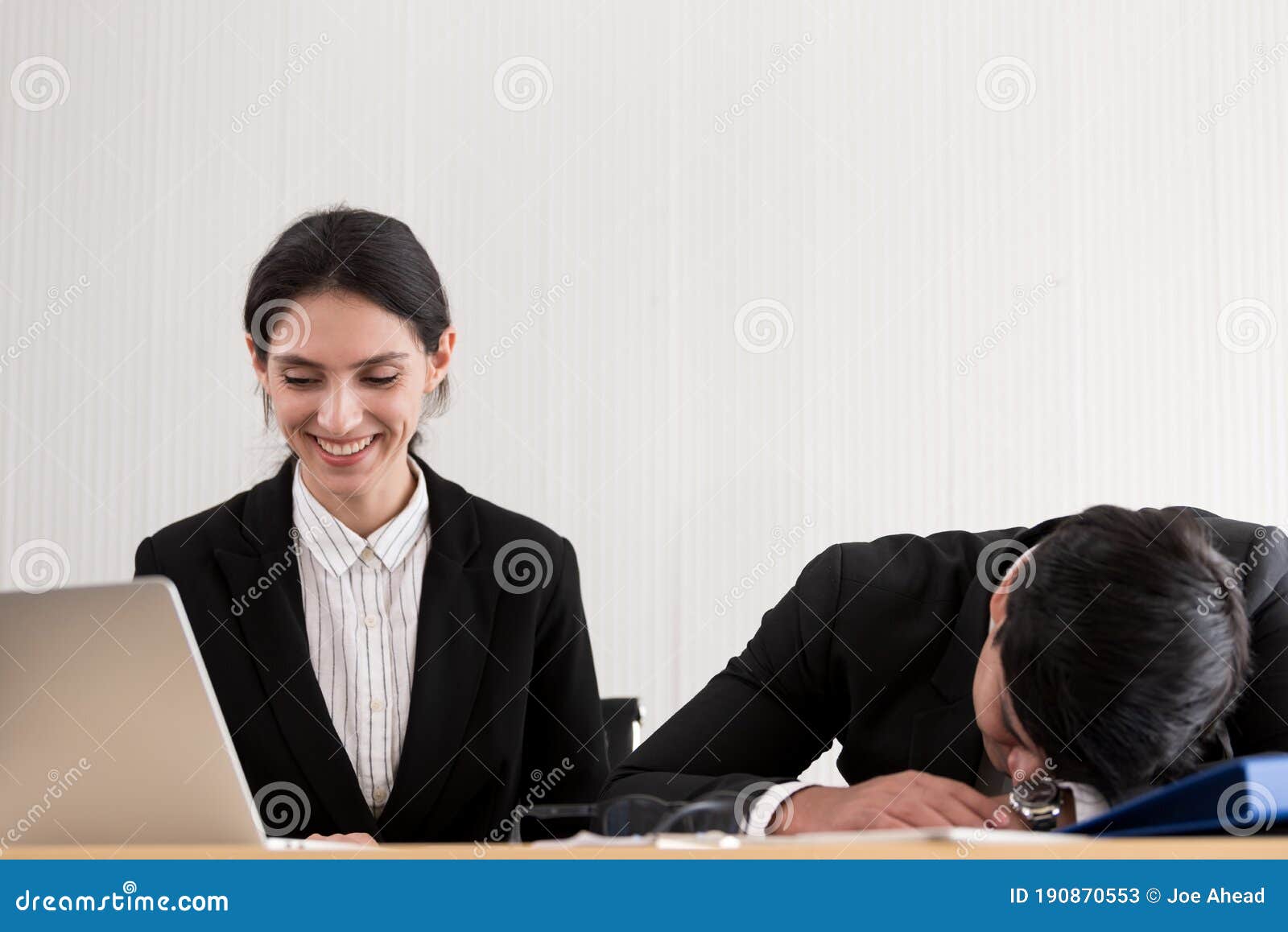 Two Employees Have Lazy and Playing the Laptop and Sleep at the Office ...