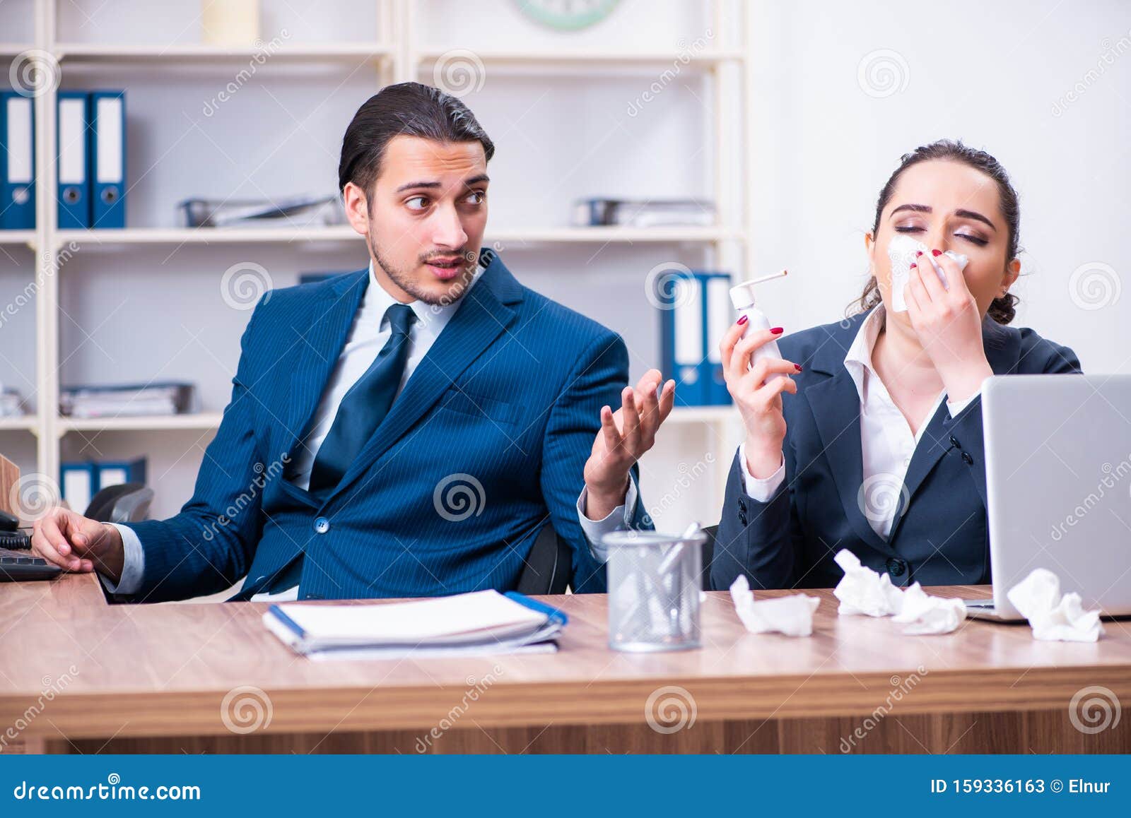 Two Employees Suffering at Workplace Stock Image - Image of asthmatic ...