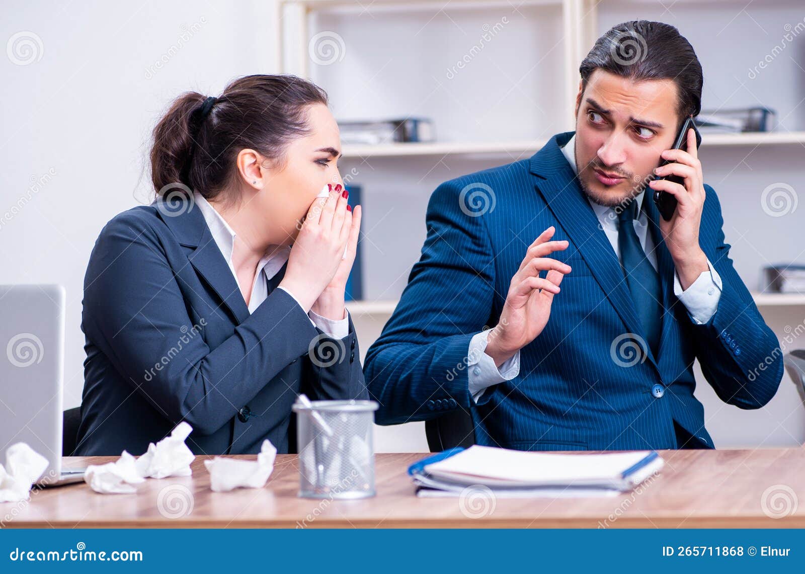 Two Employees Suffering at Workplace Stock Photo - Image of sneeze ...