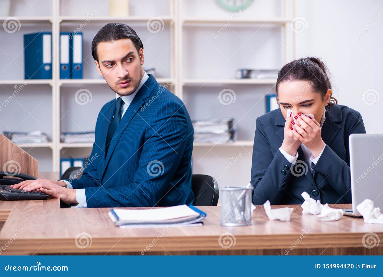 Two Employees Suffering at Workplace Stock Photo - Image of blowing ...