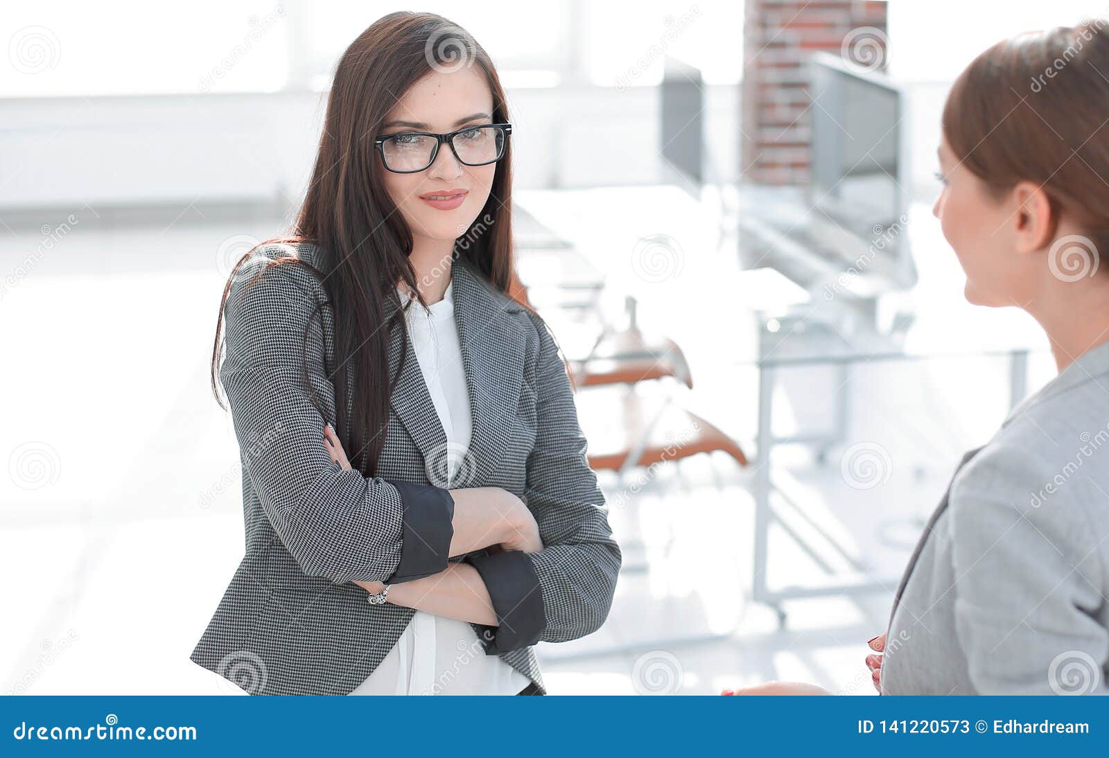 Two Employees Talking Standing in the Office Stock Image - Image of ...