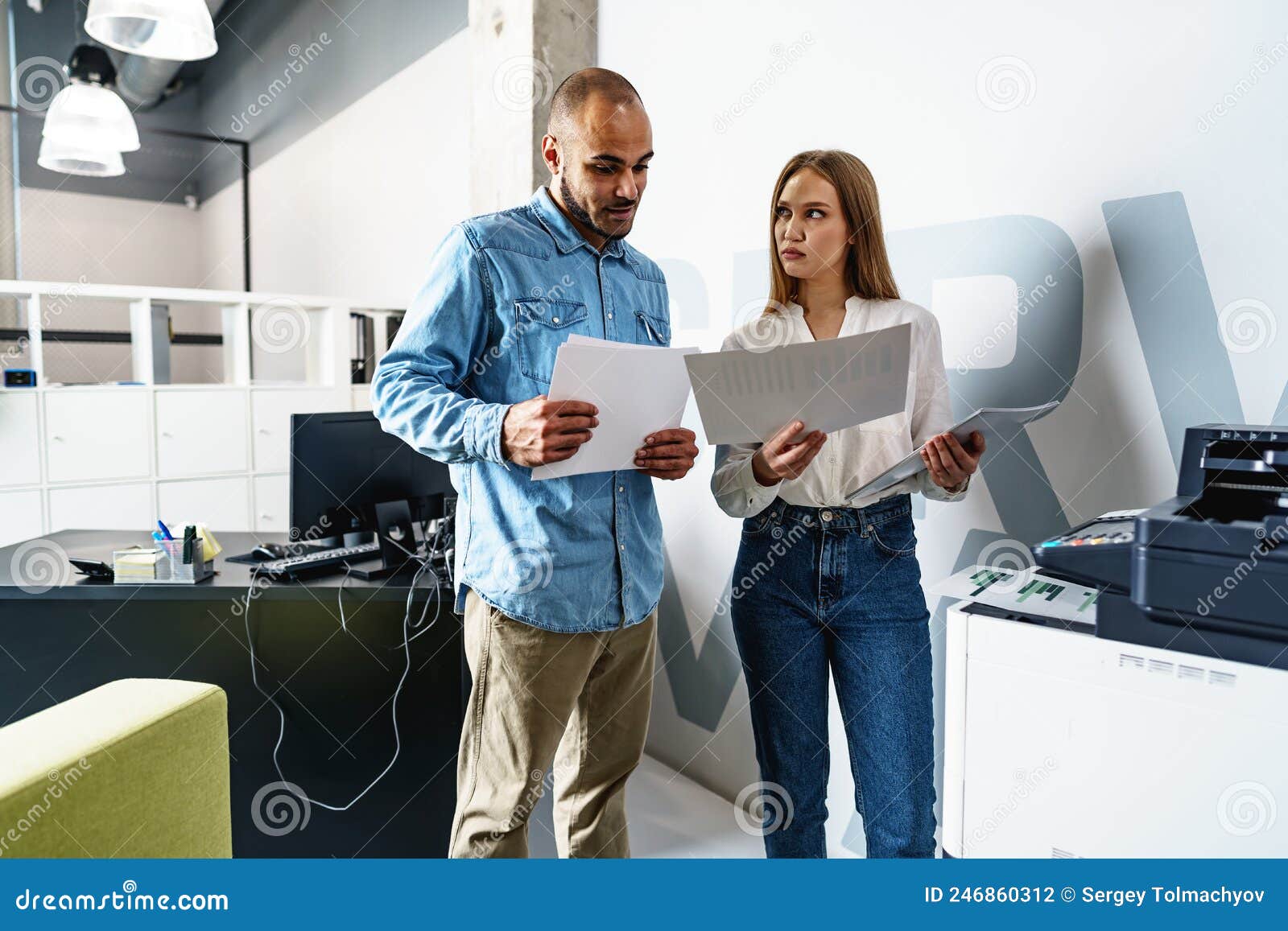 Two Employees Using New Modern Printer in Office Stock Photo - Image of ...