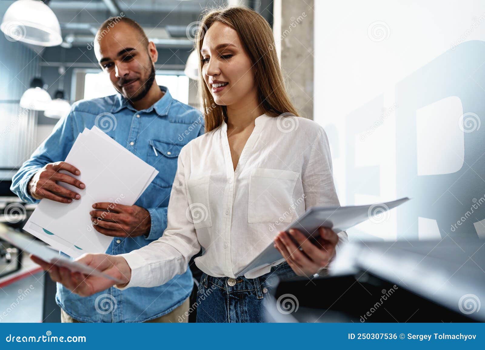 Two Employees Using New Modern Printer in Office Stock Photo - Image of ...
