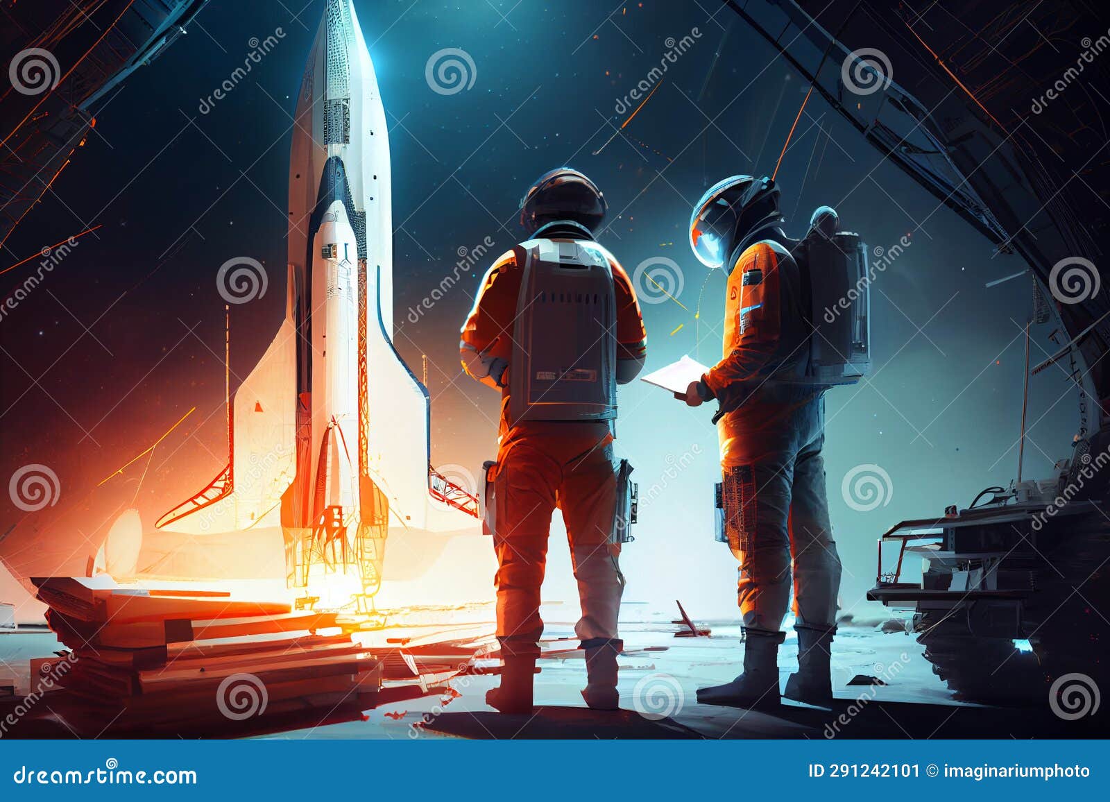 Two Employees Work on a Spacecraft Flight To the Moon Stock Image ...