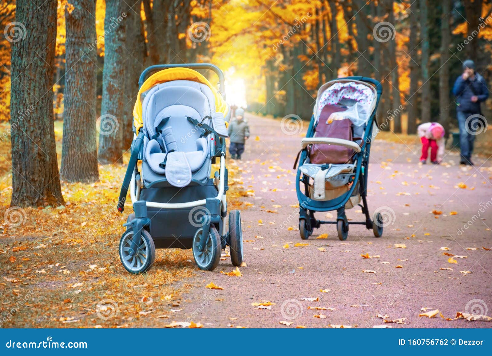 Two Empty Baby Strollers for Children Stand on a Path in the Autumn ...