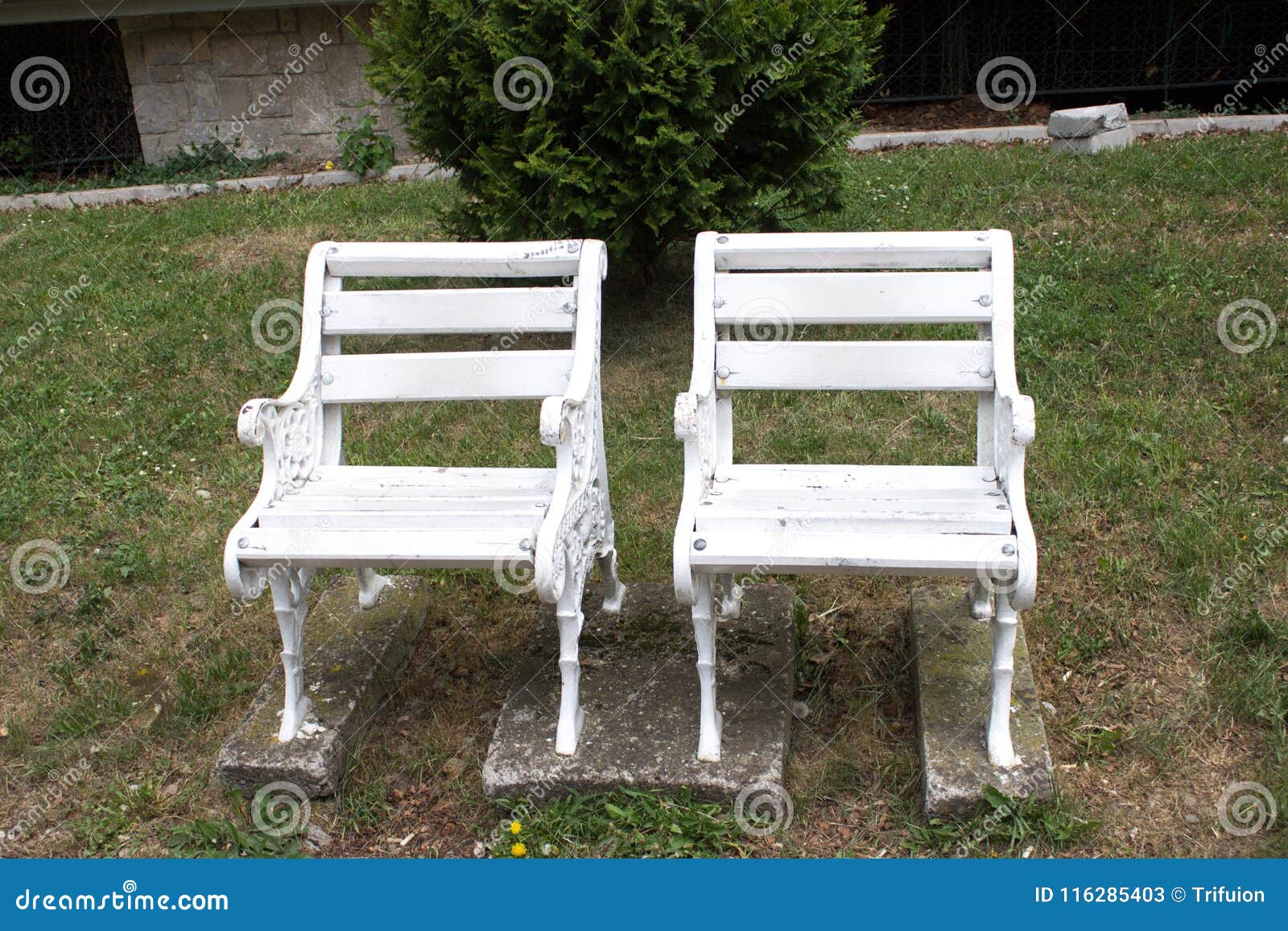 Two empty chairs / bench editorial stock photo. Image of lantern ...