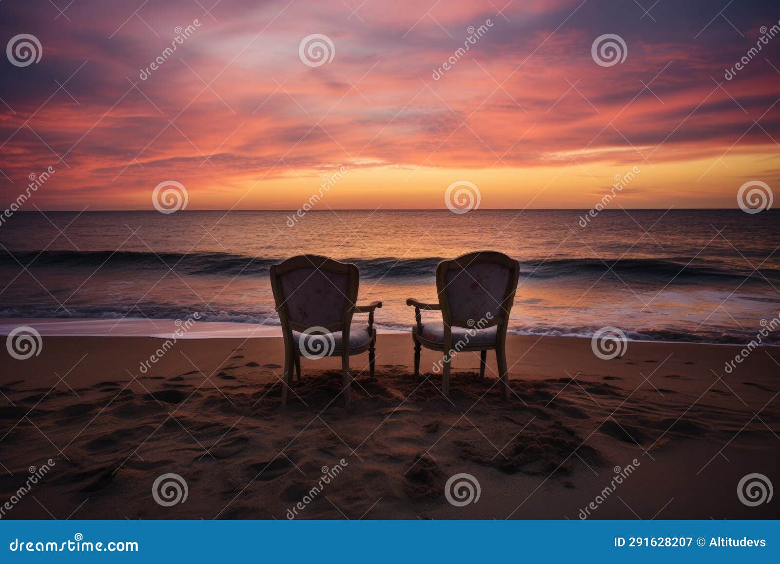 Two Empty Chairs Facing Sunset on a Beach Stock Image - Image of sunset ...