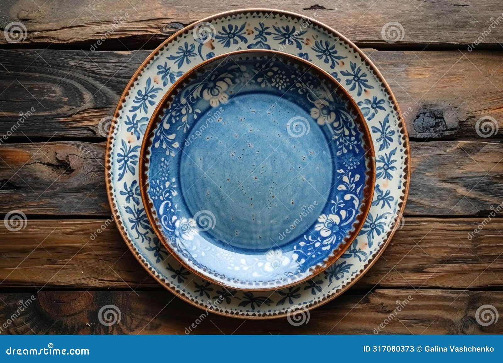 Two Empty Decorative Blue and White Plates with Pattern Top View on ...