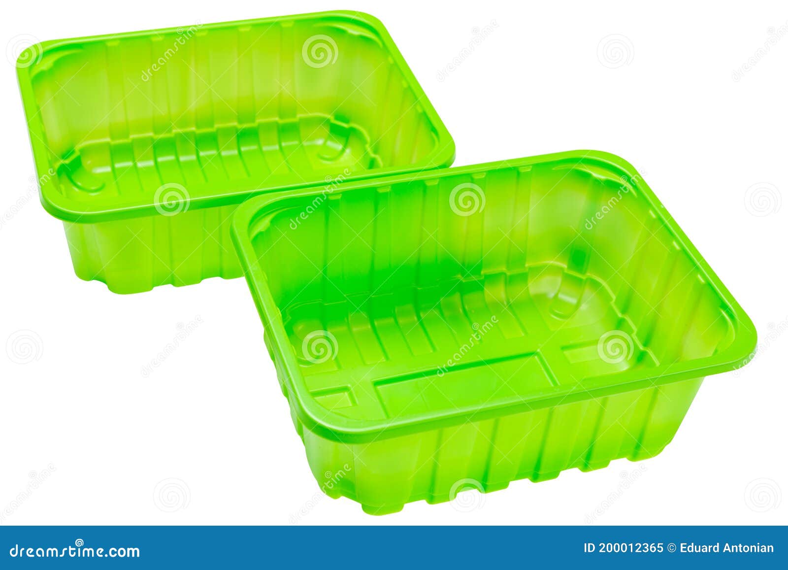 Two Empty Green Plastic Containers Stand Side by Side, on a White ...