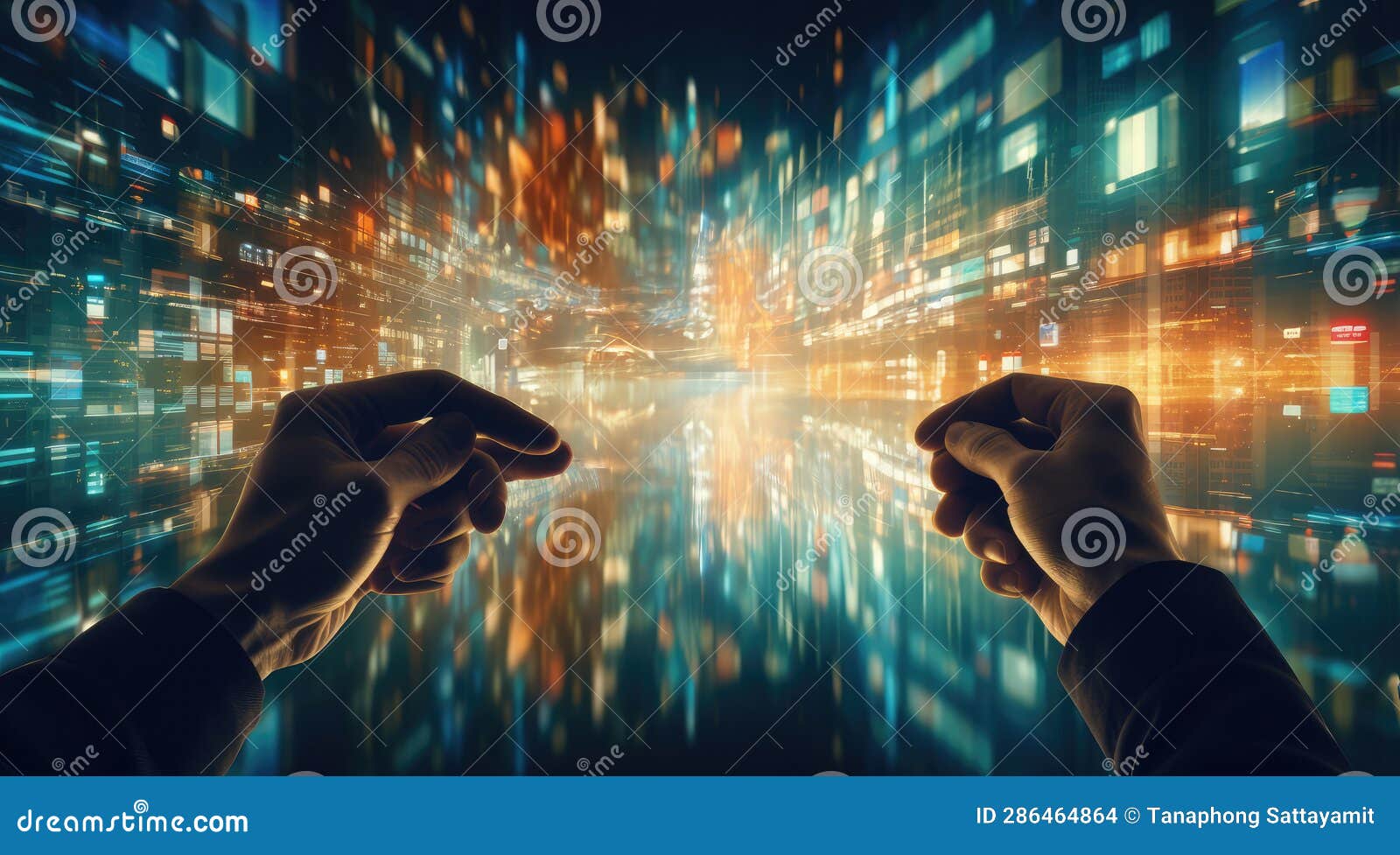 Two Empty Hands are Holding Something with Abstract Technology Stock ...