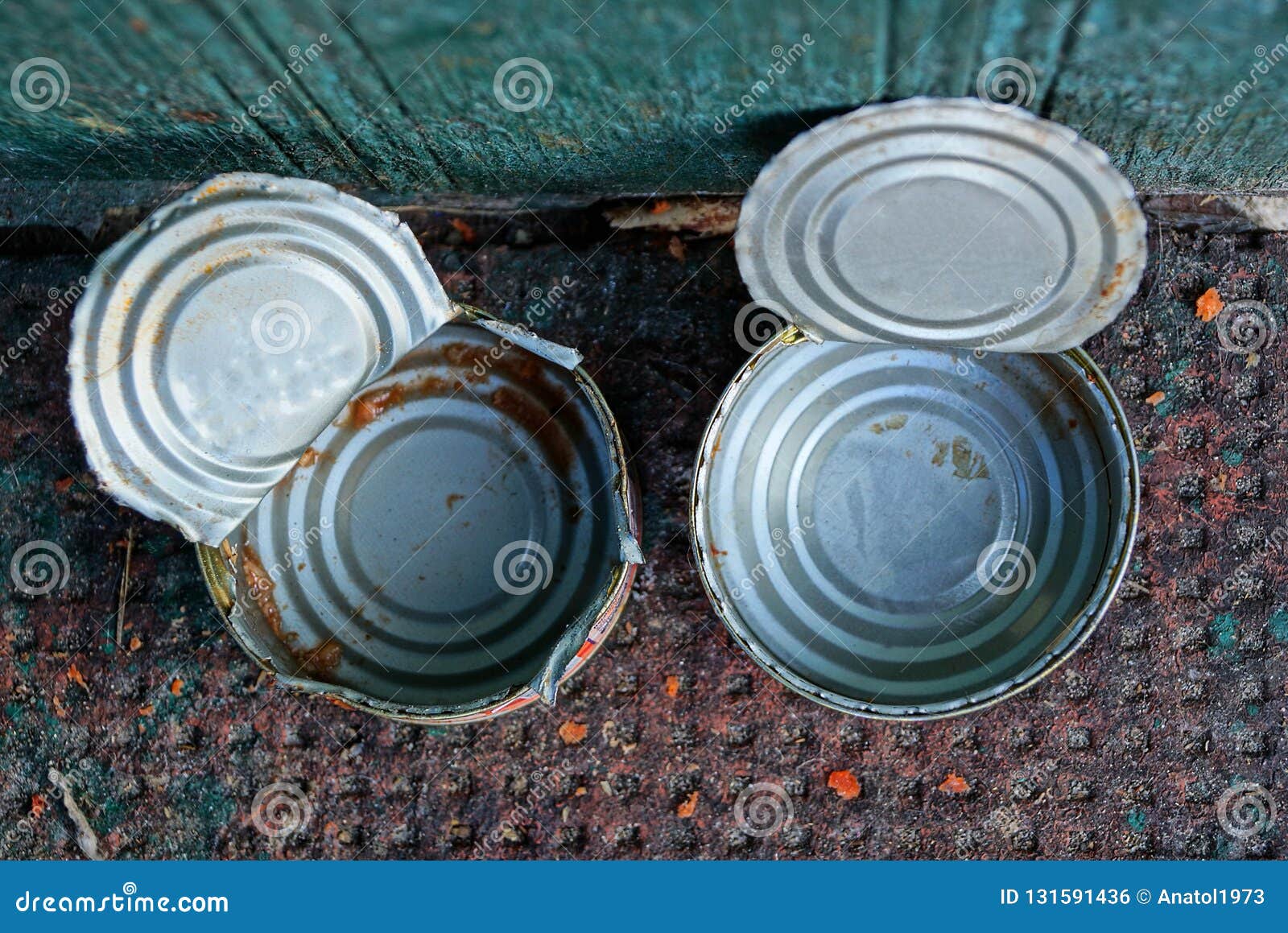 Two Empty Open Dirty Tin Cans on the Table Stock Photo - Image of ...