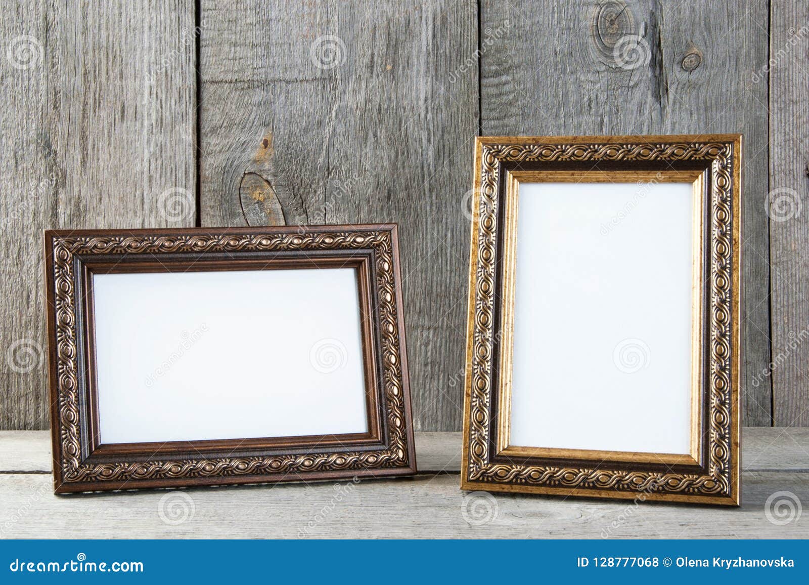 Two Empty Picture Frames on Wooden Background. Stock Photo - Image of ...